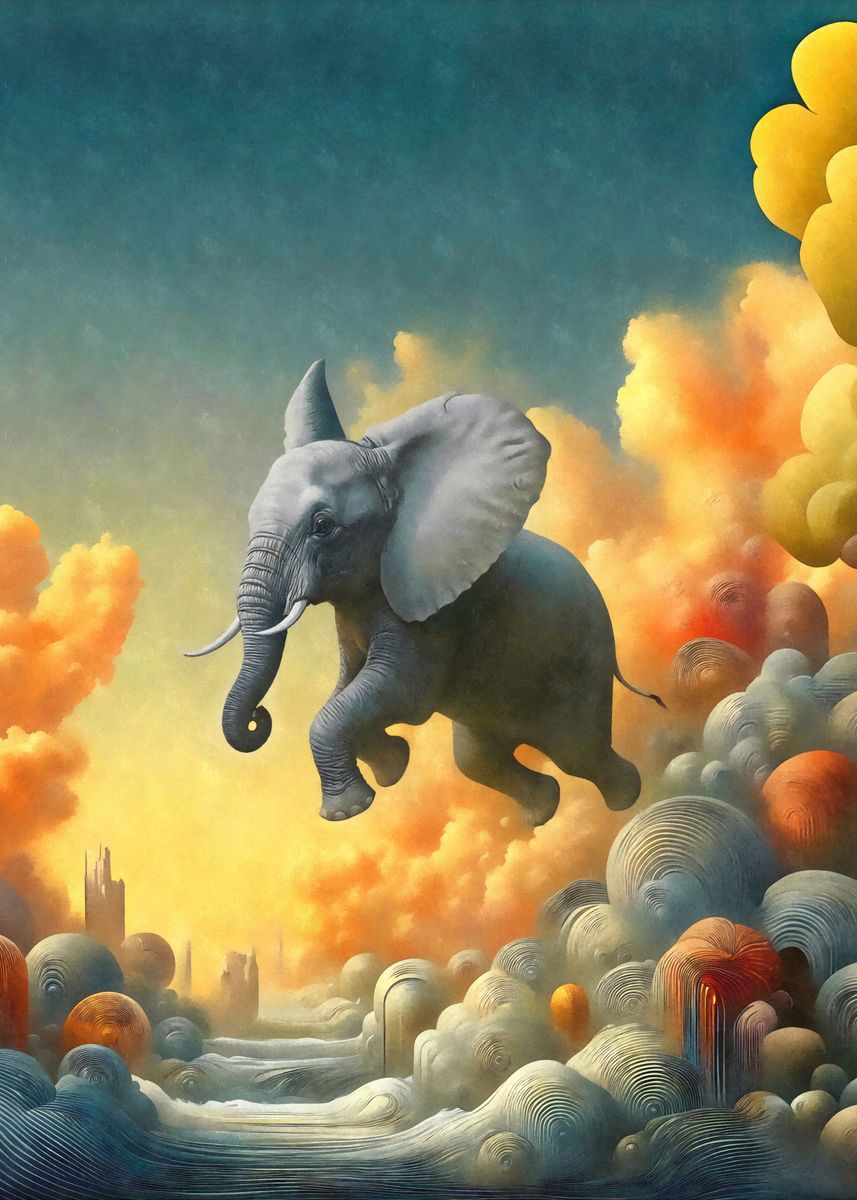 'Elephant flying in the sky' Poster, picture, metal print, paint by ...