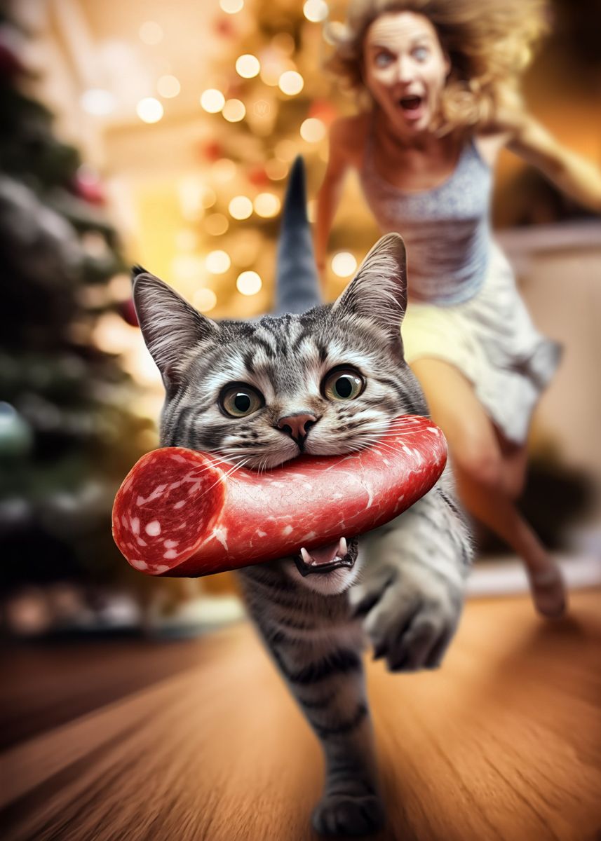 'Cat Steals sausage' Poster, picture, metal print, paint by P U F F Y ...