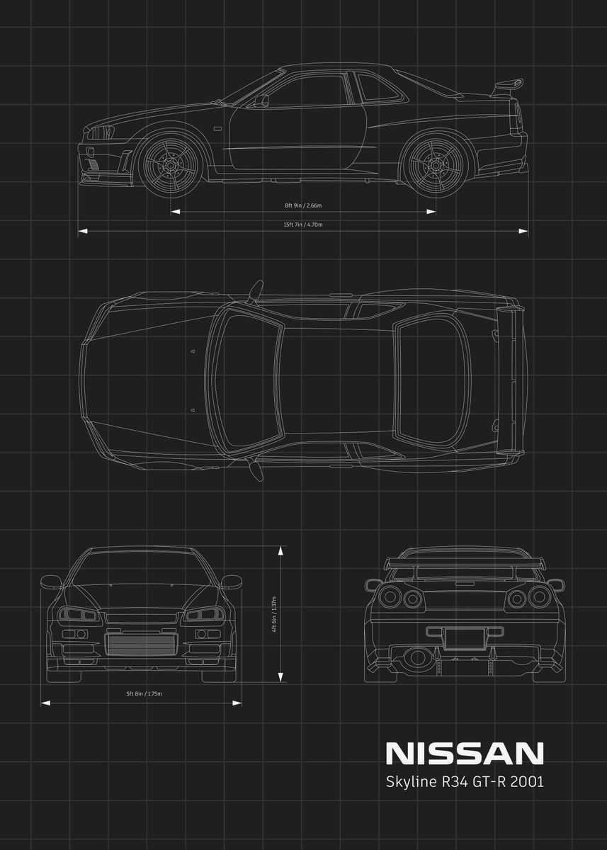 'Skyline R34 GTR Blueprint' Poster, picture, metal print, paint by ...