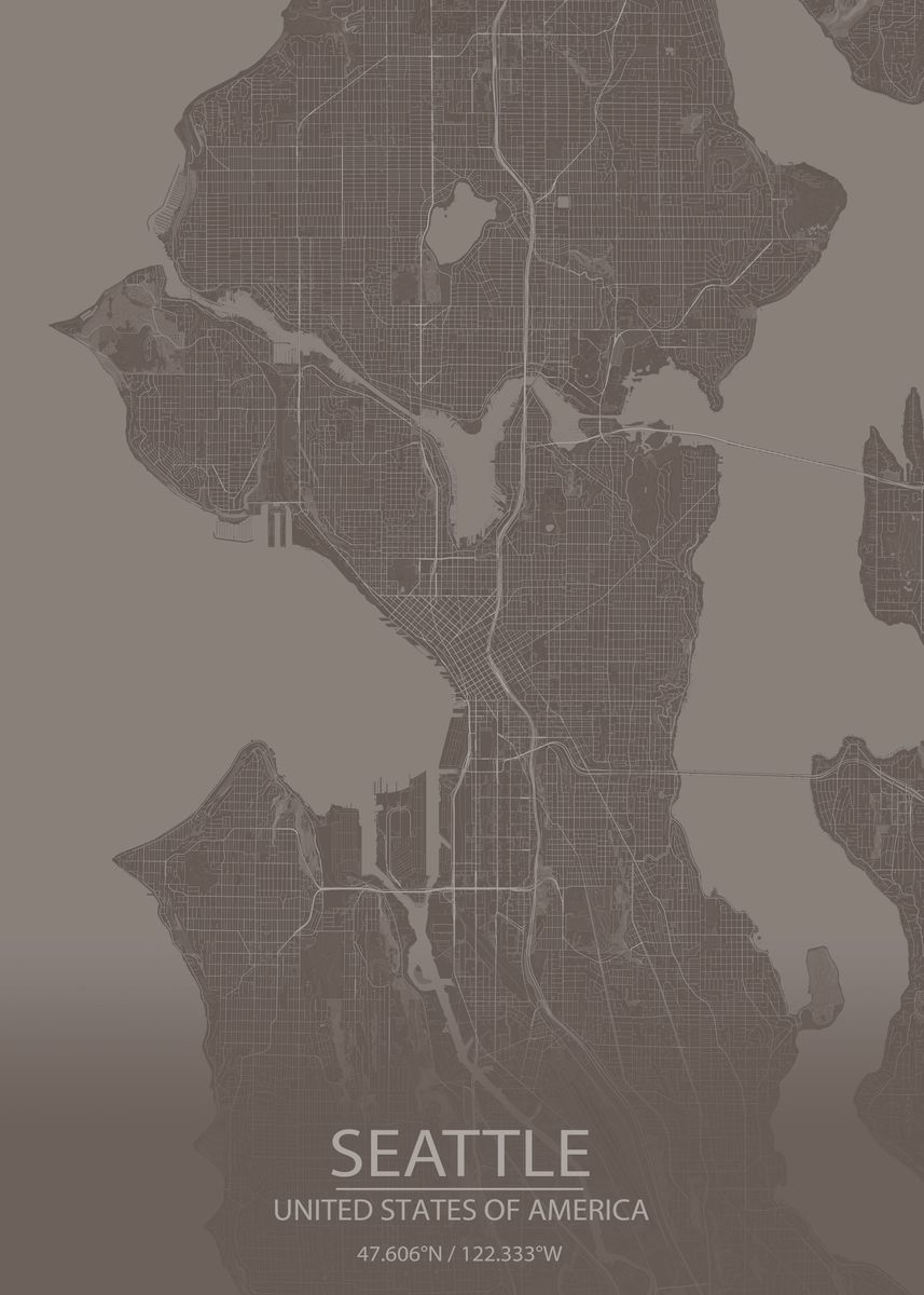 'Seattle USA Grey Brown Map' Poster, picture, metal print, paint by ...