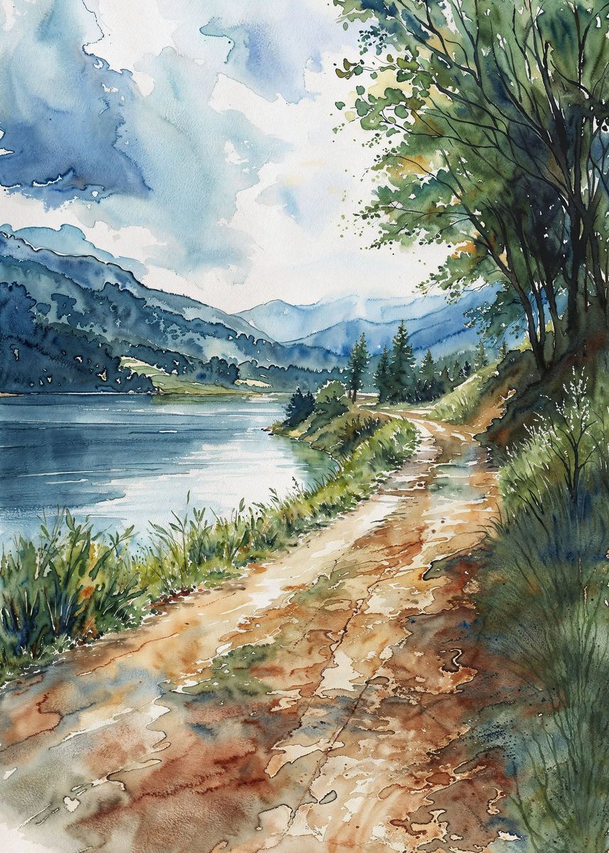 'Lakeside Path' Poster, picture, metal print, paint by Katsu | Displate