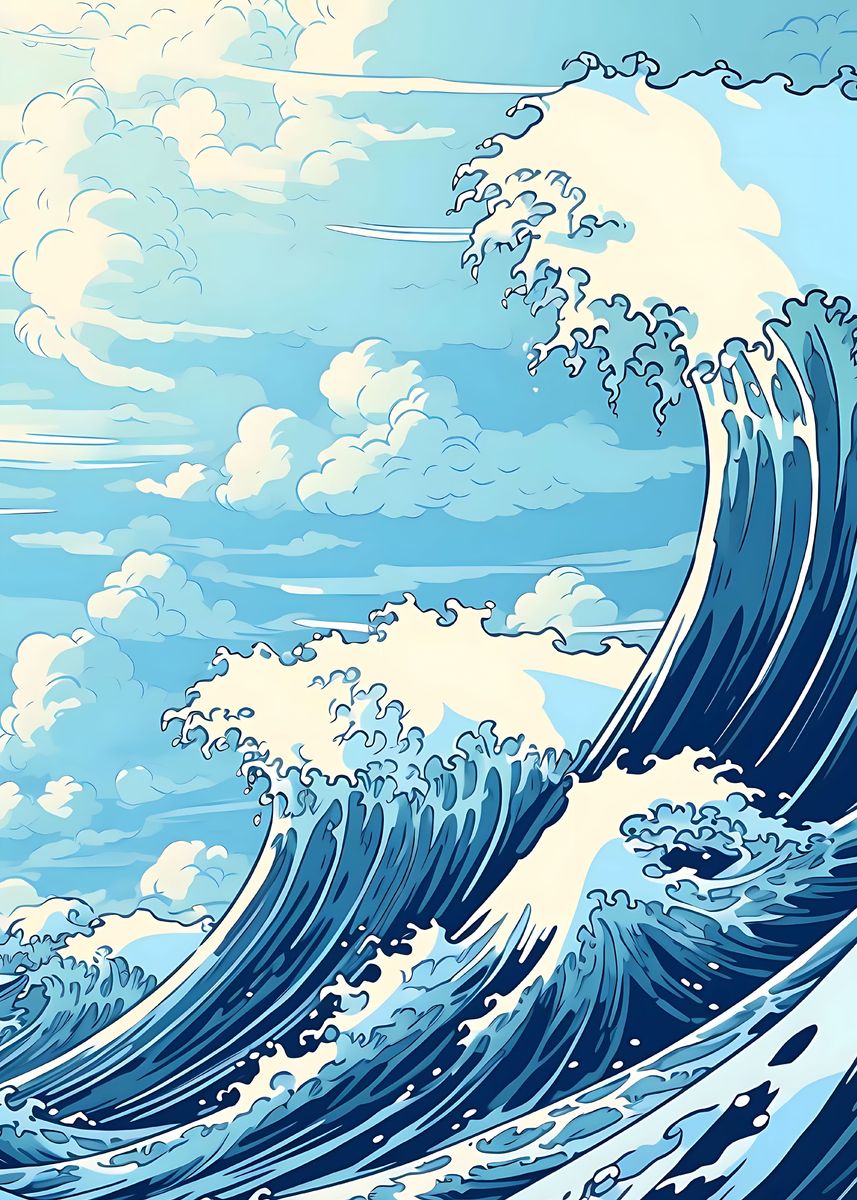 'Blue Great Wave Retro' Poster, picture, metal print, paint by OMEGA ...