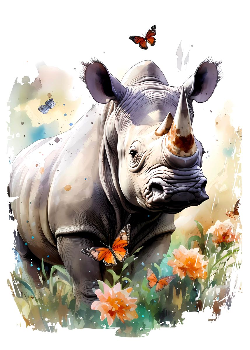 'Rhino Flower Butterfly' Poster, picture, metal print, paint by Hexor ...