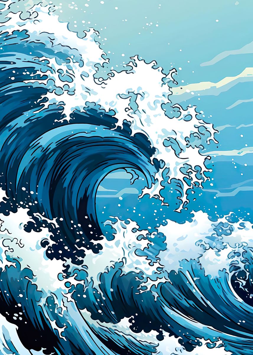 'Blue Great Wave Retro' Poster, picture, metal print, paint by OMEGA ...