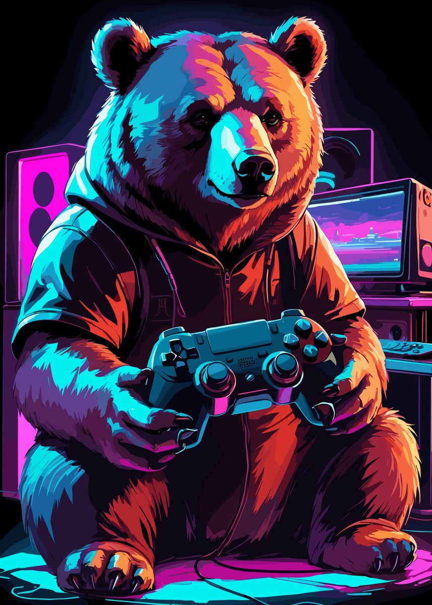 'Gaming Bear' Poster, picture, metal print, paint by Vicky Hanggara ...