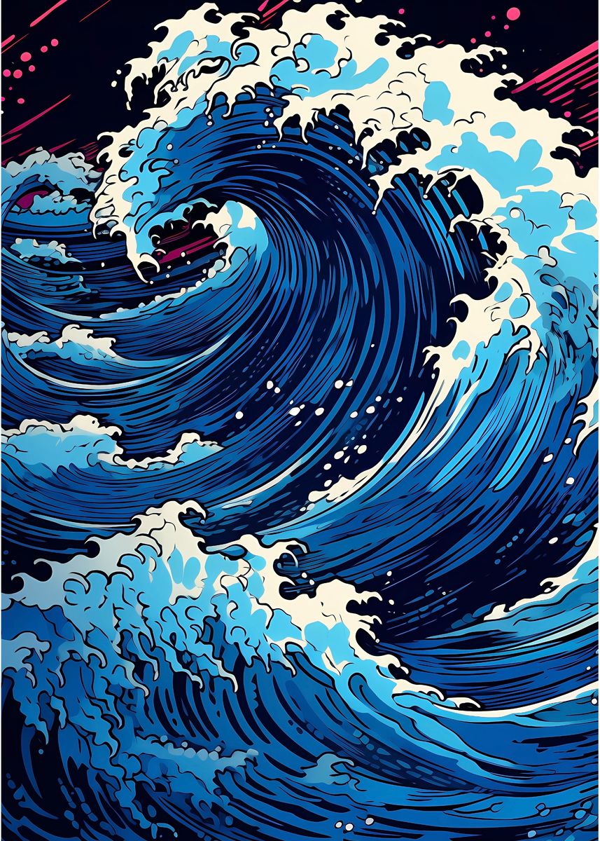 'Dark blue Great Wave Retro' Poster, picture, metal print, paint by ...