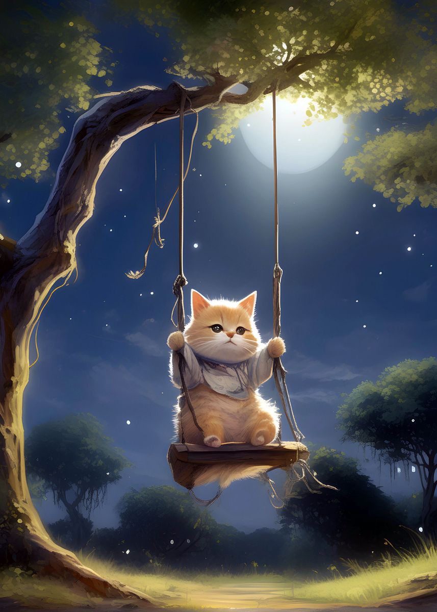 'Swing Cat by the Moonlight' Poster, picture, metal print, paint by Max Ronn | Displate