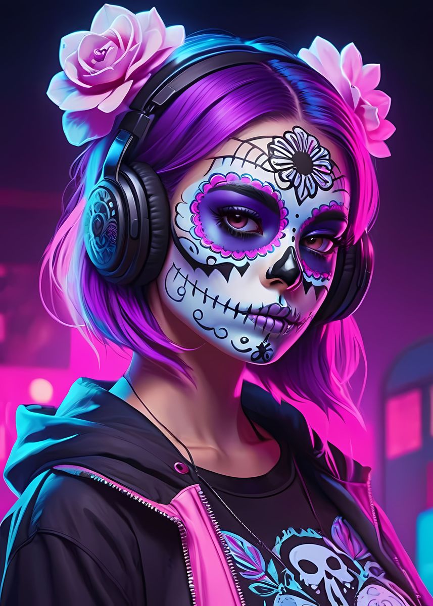 'Neon Sugar Skull Girl' Poster, picture, metal print, paint by ...