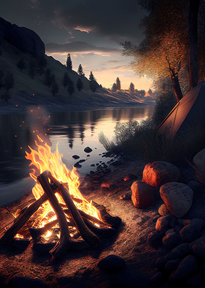 'Campfire Nature Landscape' Poster, picture, metal print, paint by ...