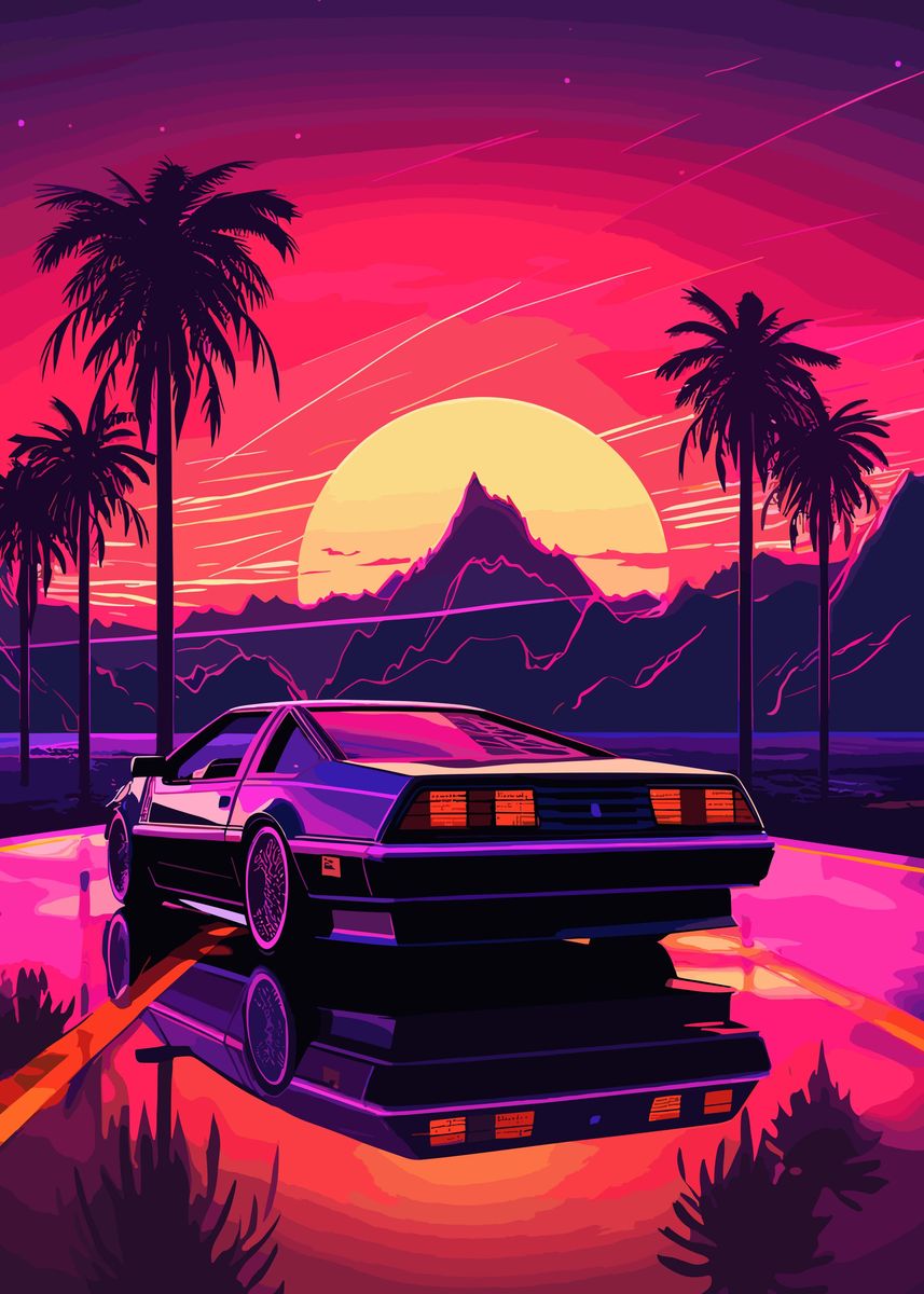 'Synthwave Retro Car Sunset' Poster, picture, metal print, paint by ...