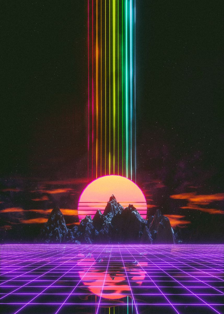 'Outrun sunset with rainbow' Poster, picture, metal print, paint by V L ...
