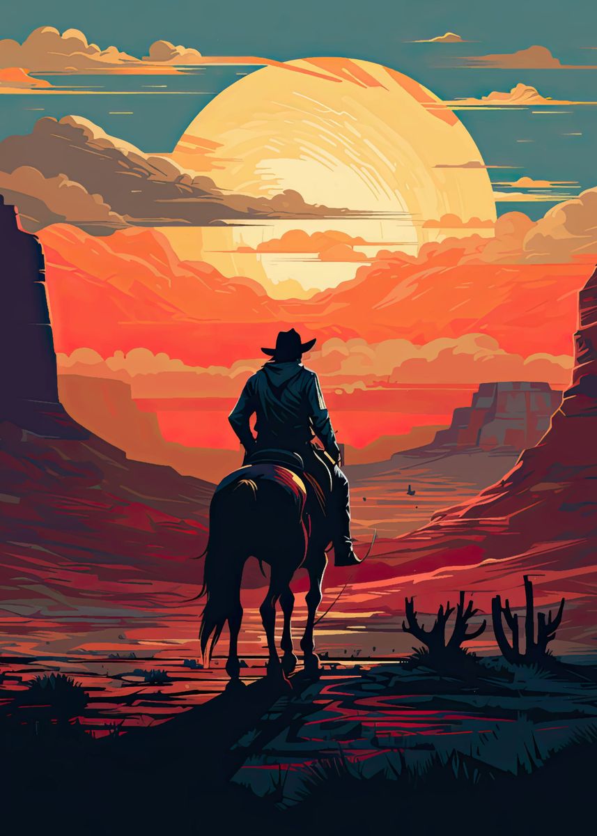 'cowboy in the desert' Poster, picture, metal print, paint by Mariano Mayert | Displate