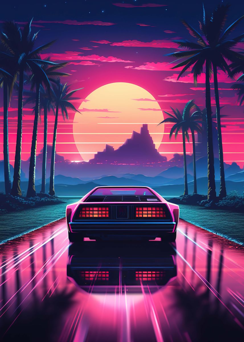 'Synthwave Retro Car Sunset' Poster, picture, metal print, paint by ...