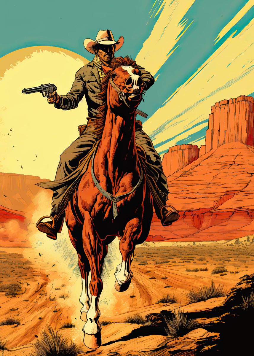 'cowboy in the desert' Poster, picture, metal print, paint by Mariano Mayert | Displate