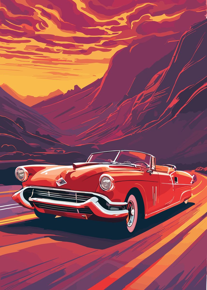 'Retro Car Sunset Drive' Poster, picture, metal print, paint by Juna ...