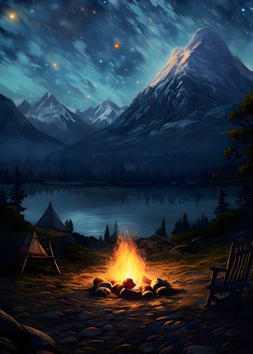 'Campfire Nature Landscape' Poster, picture, metal print, paint by ...