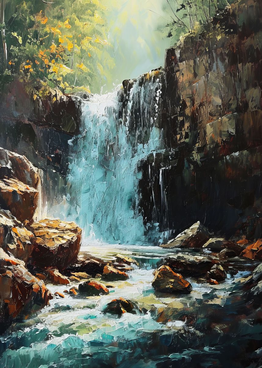 'waterfall oil painting' Poster, picture, metal print, paint by Tollaru ...