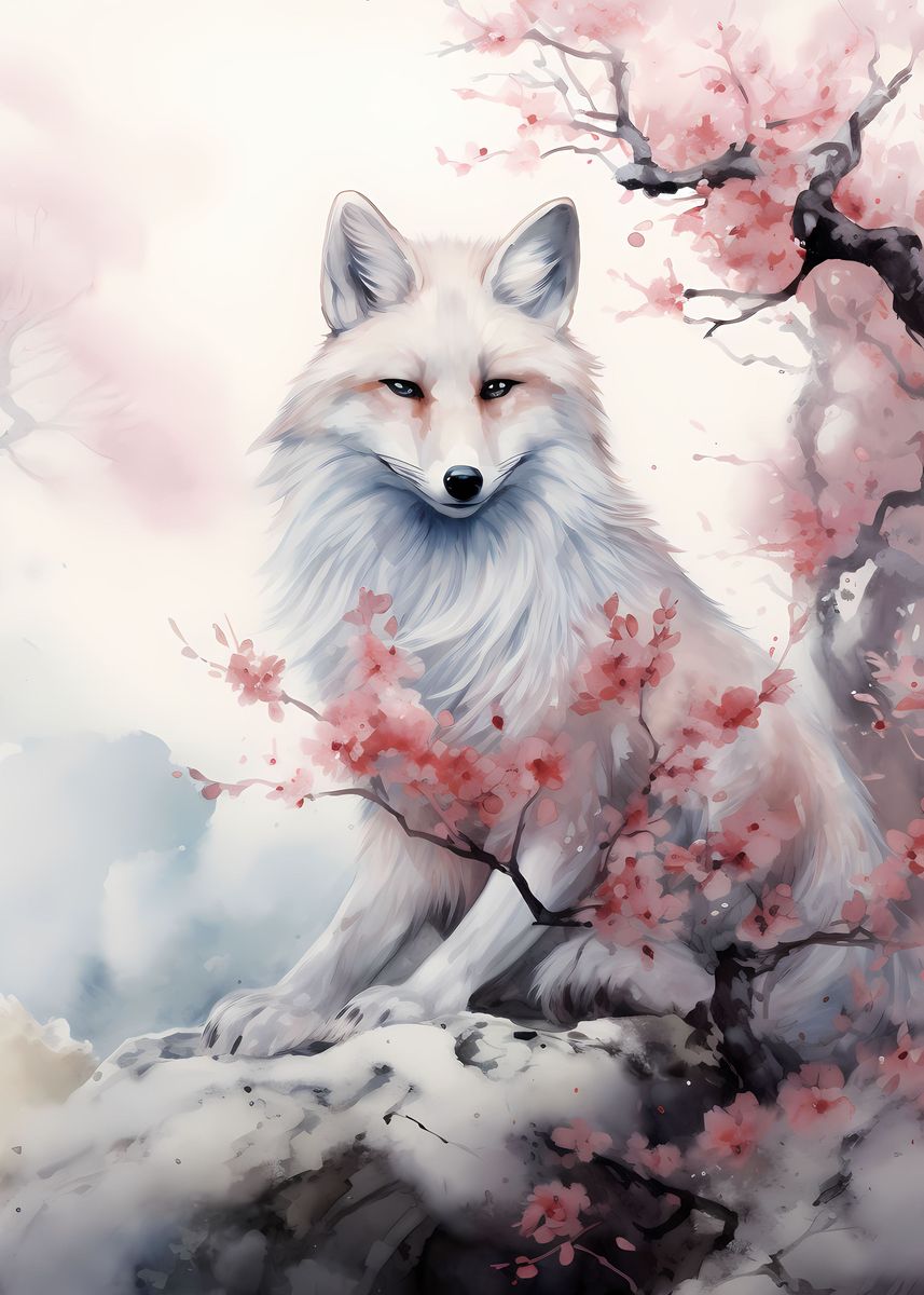 'Cherry Blossom White Fox' Poster, picture, metal print, paint by Danan ...