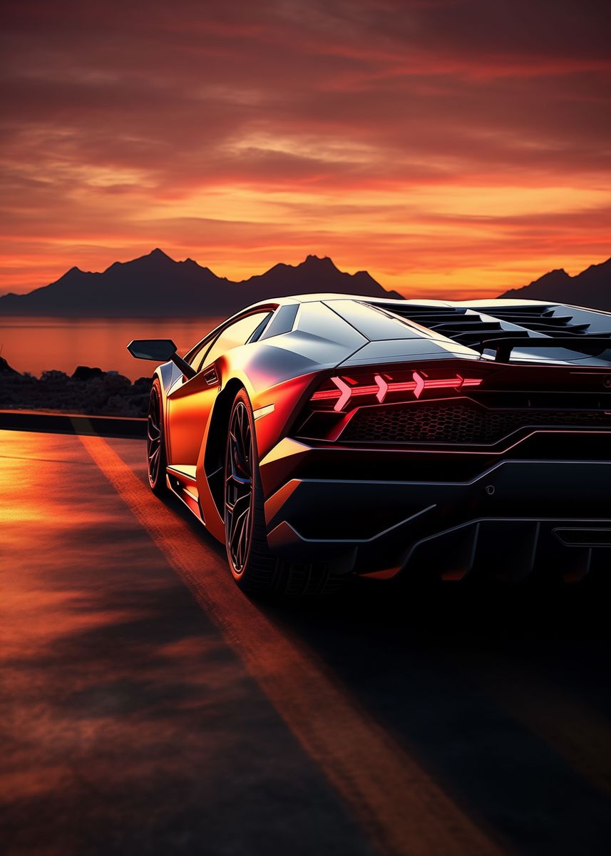 'Sunset Lamborghini' Poster, picture, metal print, paint by Adam | Displate