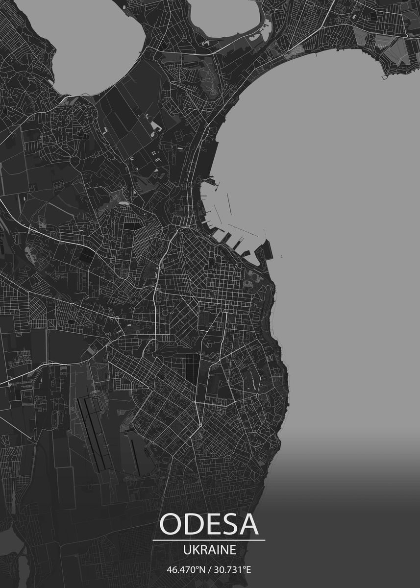 'Odesa Ukraine DarkGrey Map' Poster, picture, metal print, paint by ...