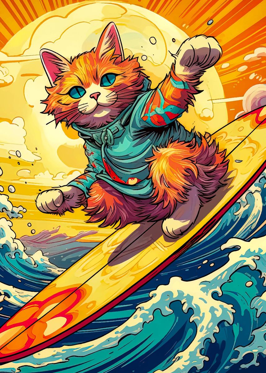 'surfing cat animal' Poster, picture, metal print, paint by Mikaeel ...