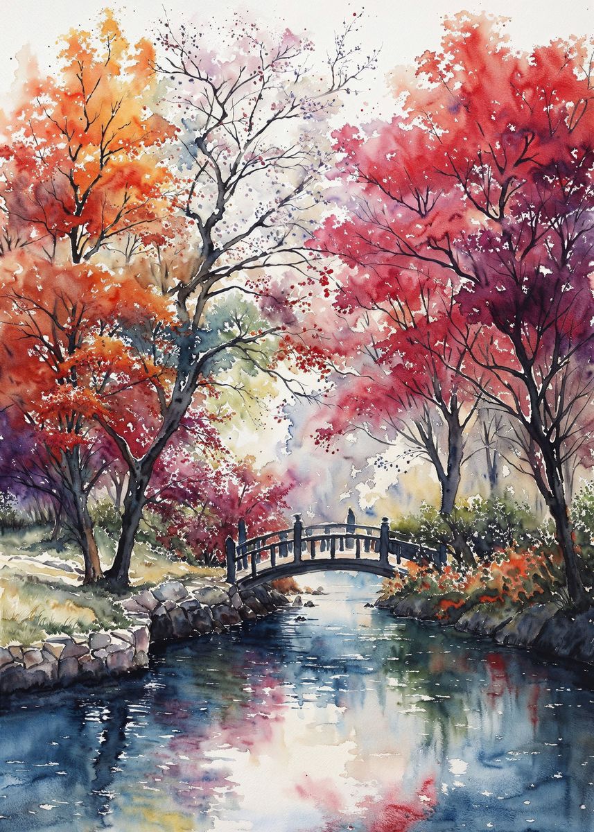 'Bridge to Fall' Poster, picture, metal print, paint by Katsu Art ...