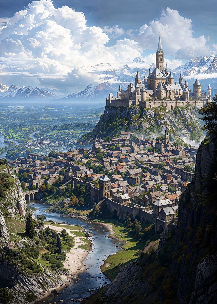 'Skyward Mountain Citadel' Poster, picture, metal print, paint by Pixaverse | Displate