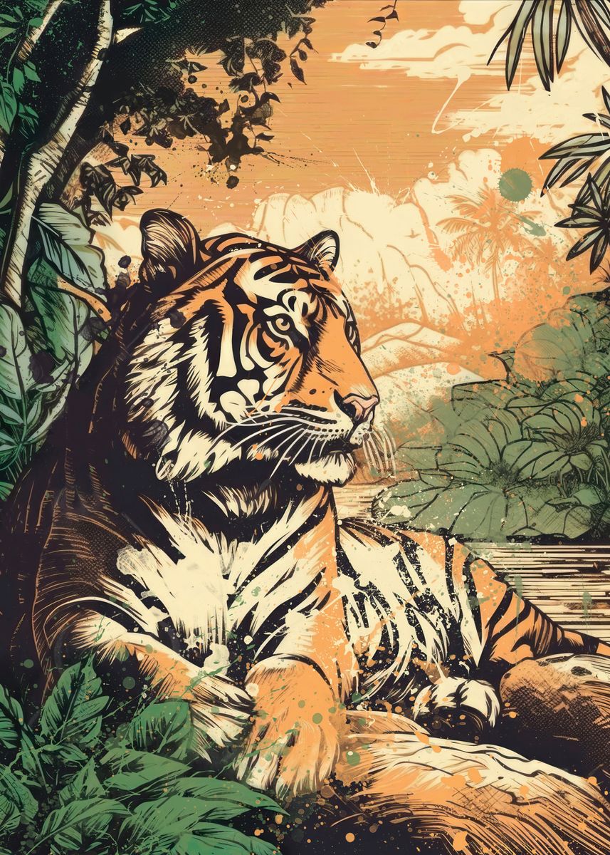 'Retro Tiger Poster' Poster, picture, metal print, paint by lumale ...