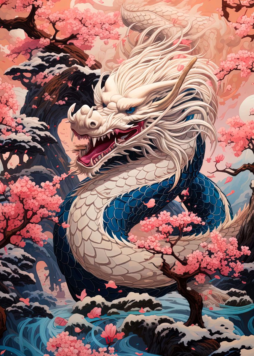 'cherry blossom dragon' Poster, picture, metal print, paint by Ana ...