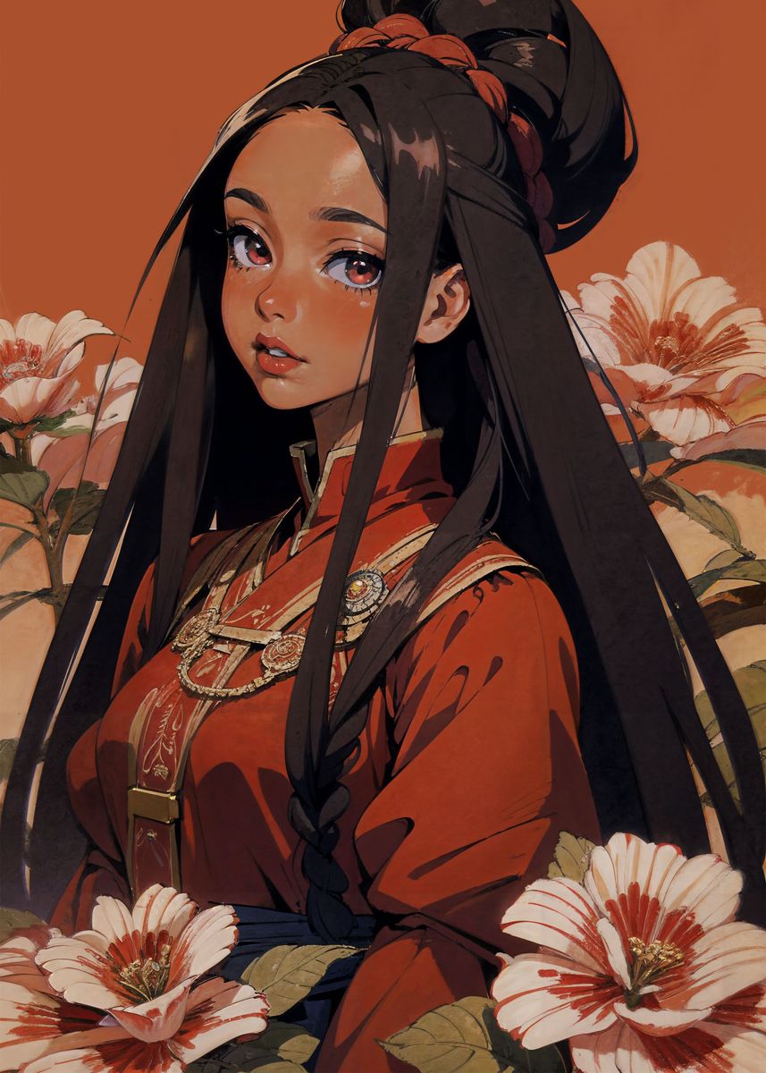 'Anime Red Flowers Woman' Poster, picture, metal print, paint by ...