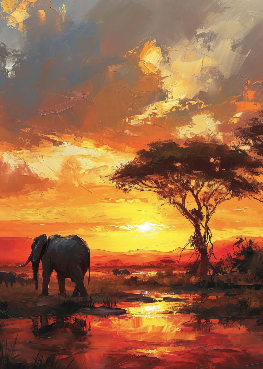'Elephant Sunset' Poster, picture, metal print, paint by Tollaru | Displate