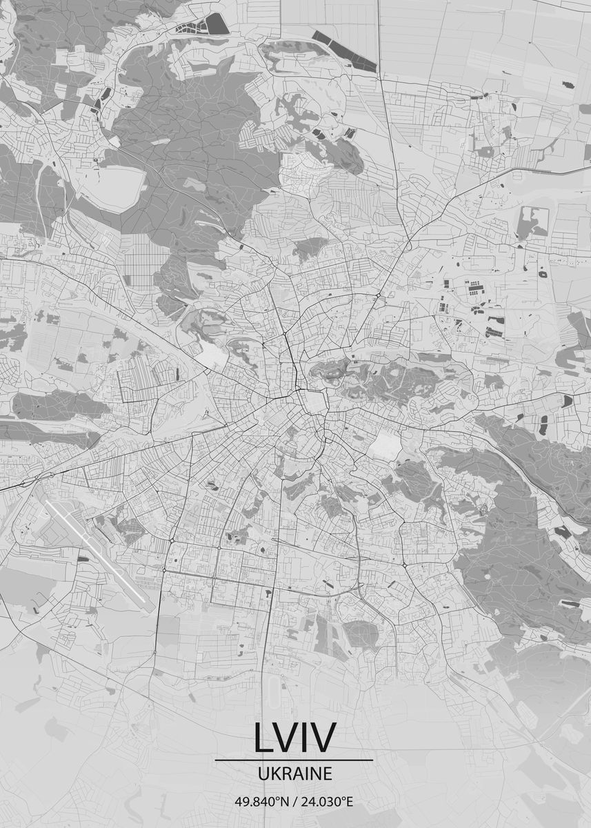 'Lviv Ukraine LightGrey Map' Poster, picture, metal print, paint by ...
