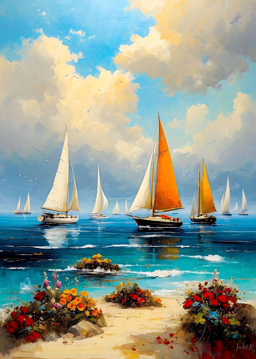 'Seascape with yachts Art' Poster, picture, metal print, paint by Karx ...