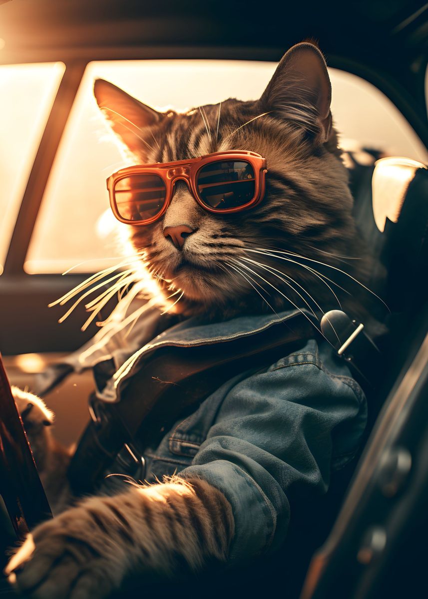 'Cool Cat in the Car' Poster, picture, metal print, paint by Klemen ...