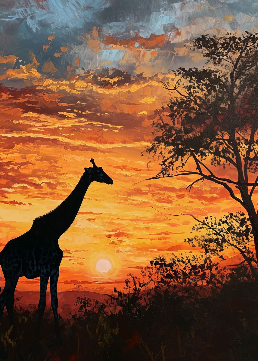 'Giraffe Sunset' Poster, picture, metal print, paint by Tollaru | Displate