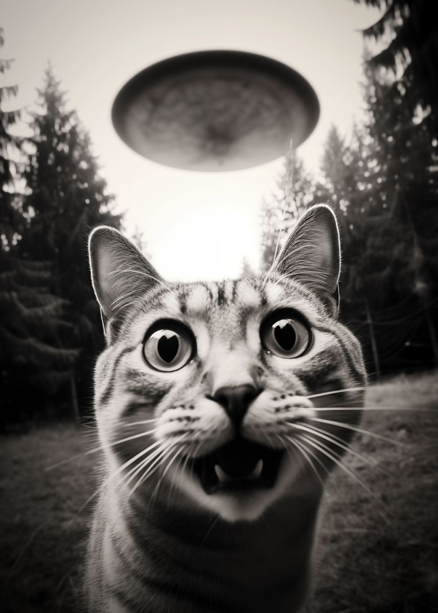 'Cat Scared By Ufo' Poster, picture, metal print, paint by Eline | Displate