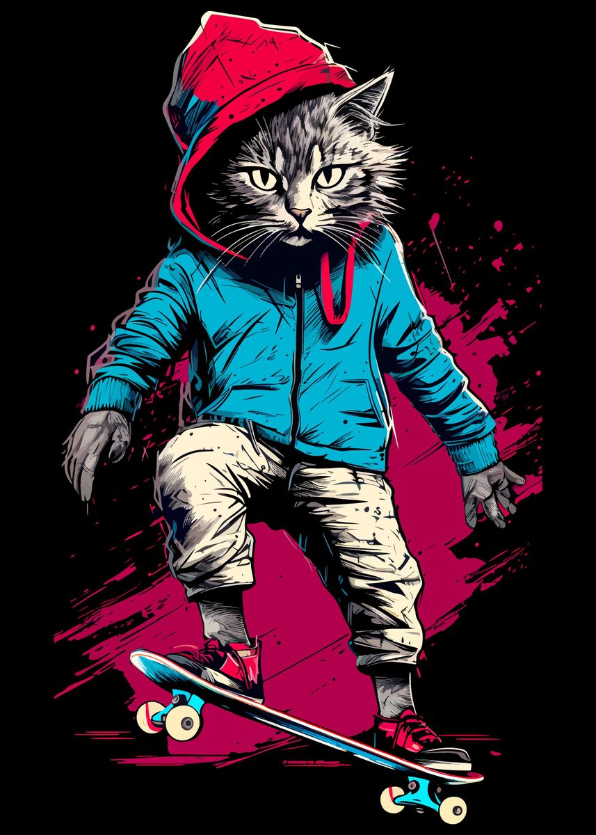 'Cat Skateboard' Poster, picture, metal print, paint by berly kusuma ...