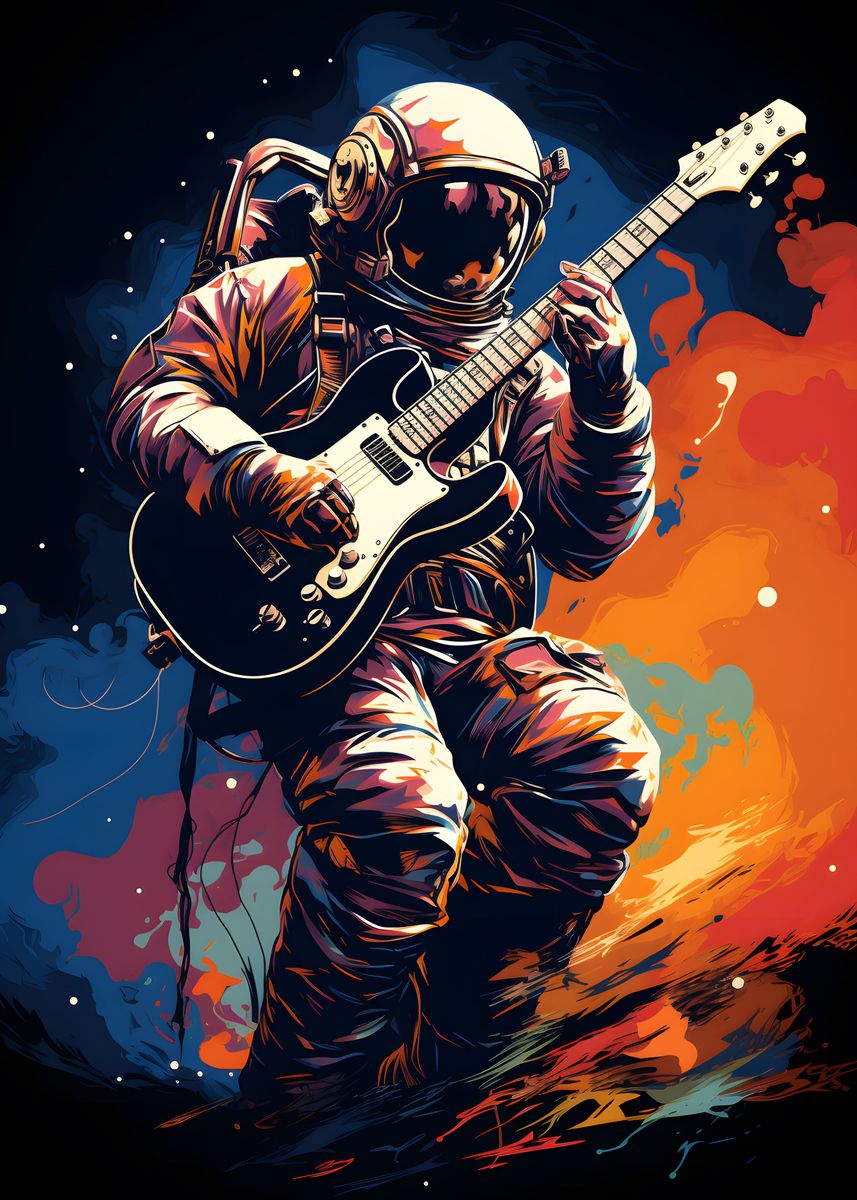 'Play guitar outer space' Poster, picture, metal print, paint by ...