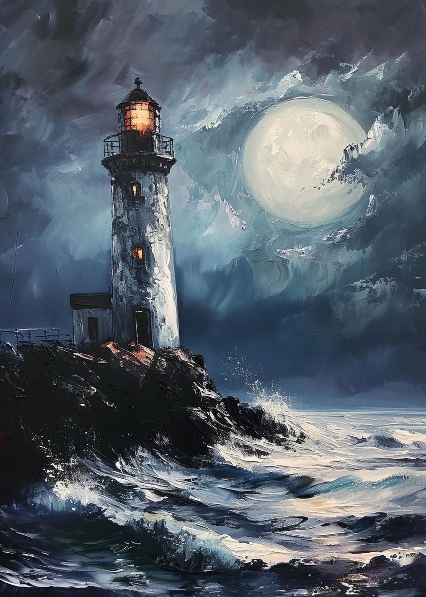 'Lighthouse Moonlight' Poster, picture, metal print, paint by Tollaru | Displate