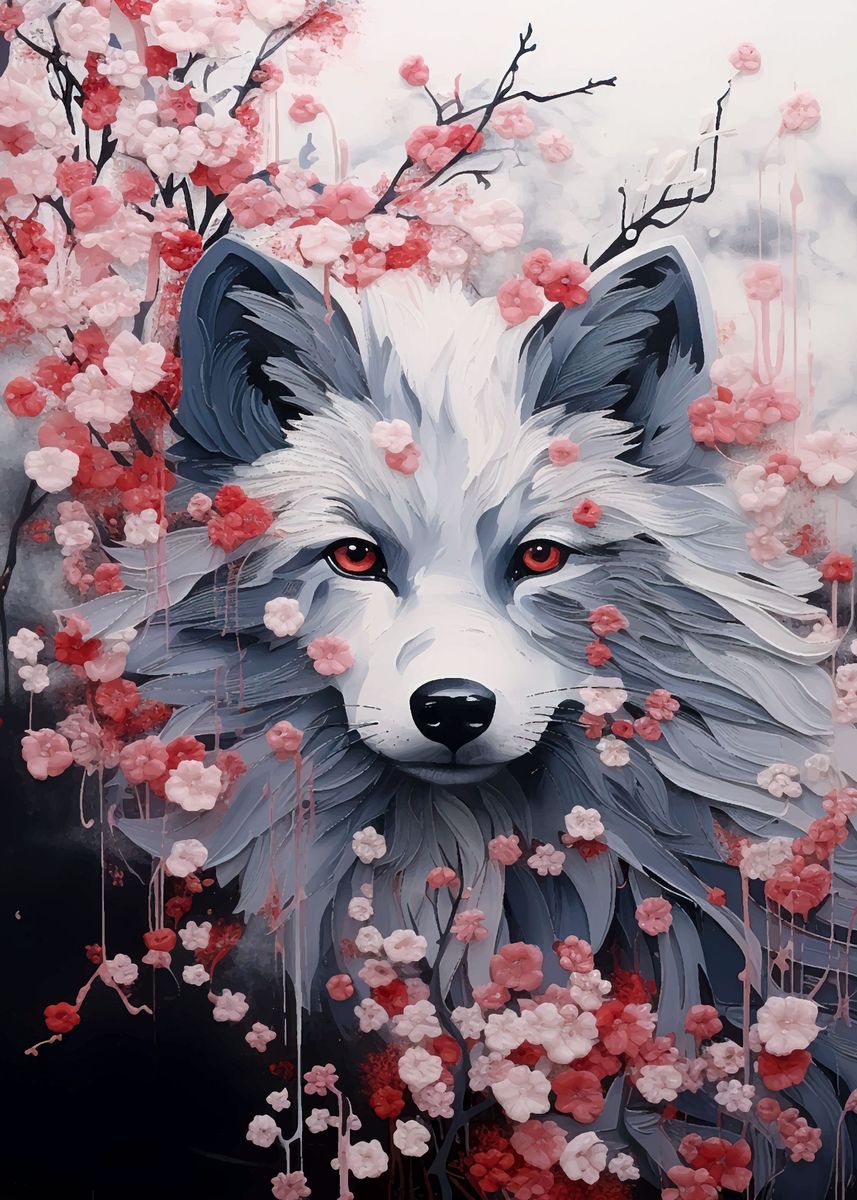 'cherry blossom wolf animal' Poster, picture, metal print, paint by ...