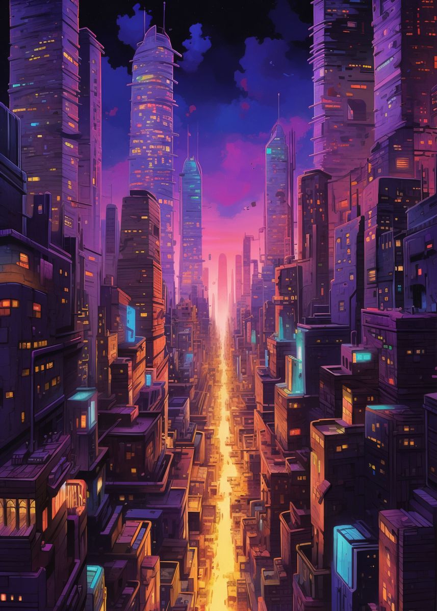 'Neon Purple Cityscape' Poster, picture, metal print, paint by ...