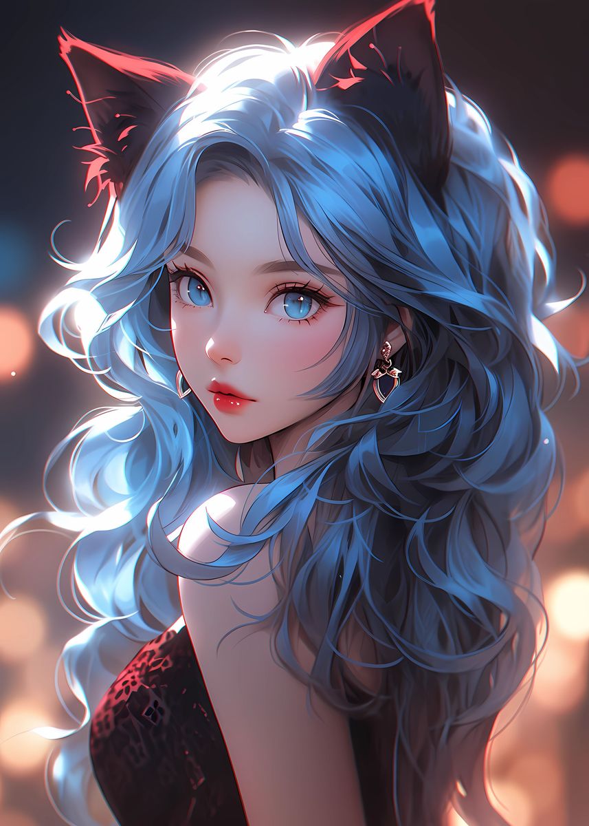 'Cat Girl Blue Neon Anime' Poster, picture, metal print, paint by ...