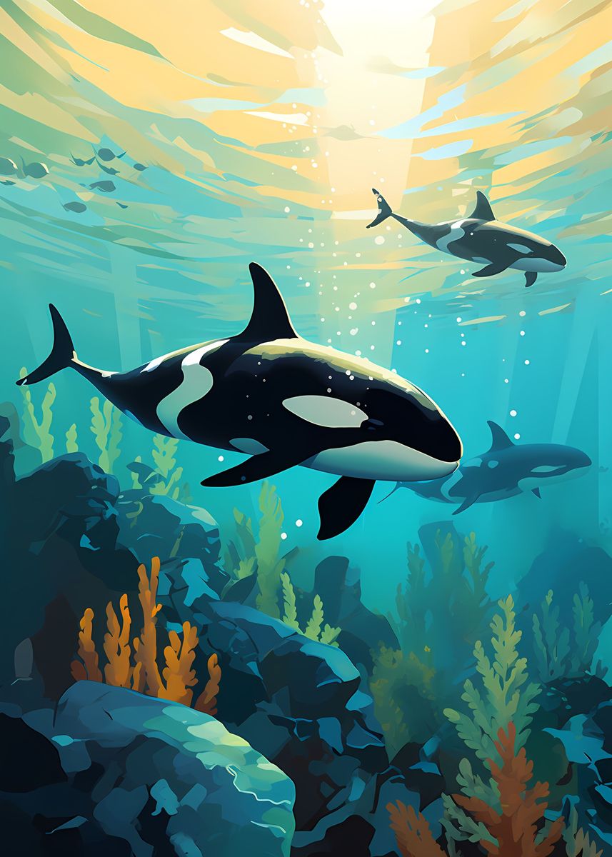 'The flock of orca' Poster, picture, metal print, paint by Mamanisme ...