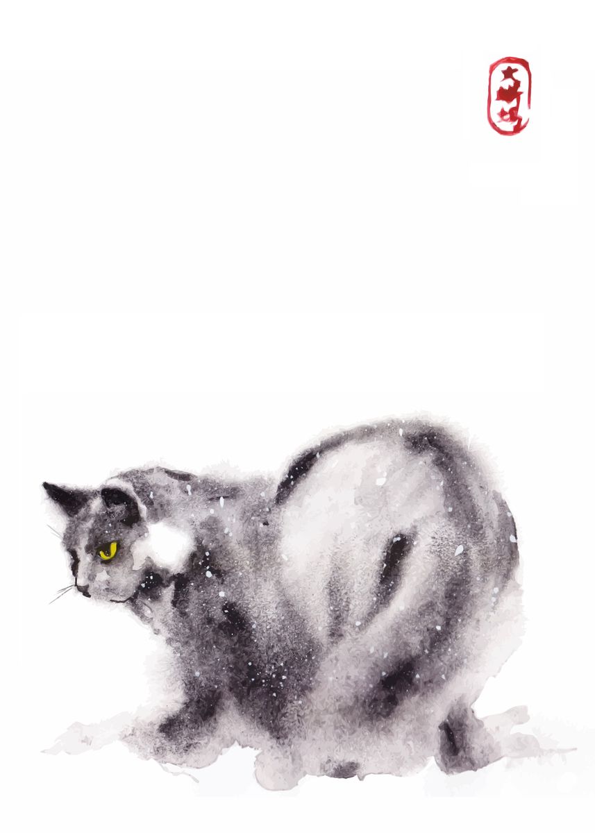 'Sumi e ink Cat painting' Poster, picture, metal print, paint by Daria ...
