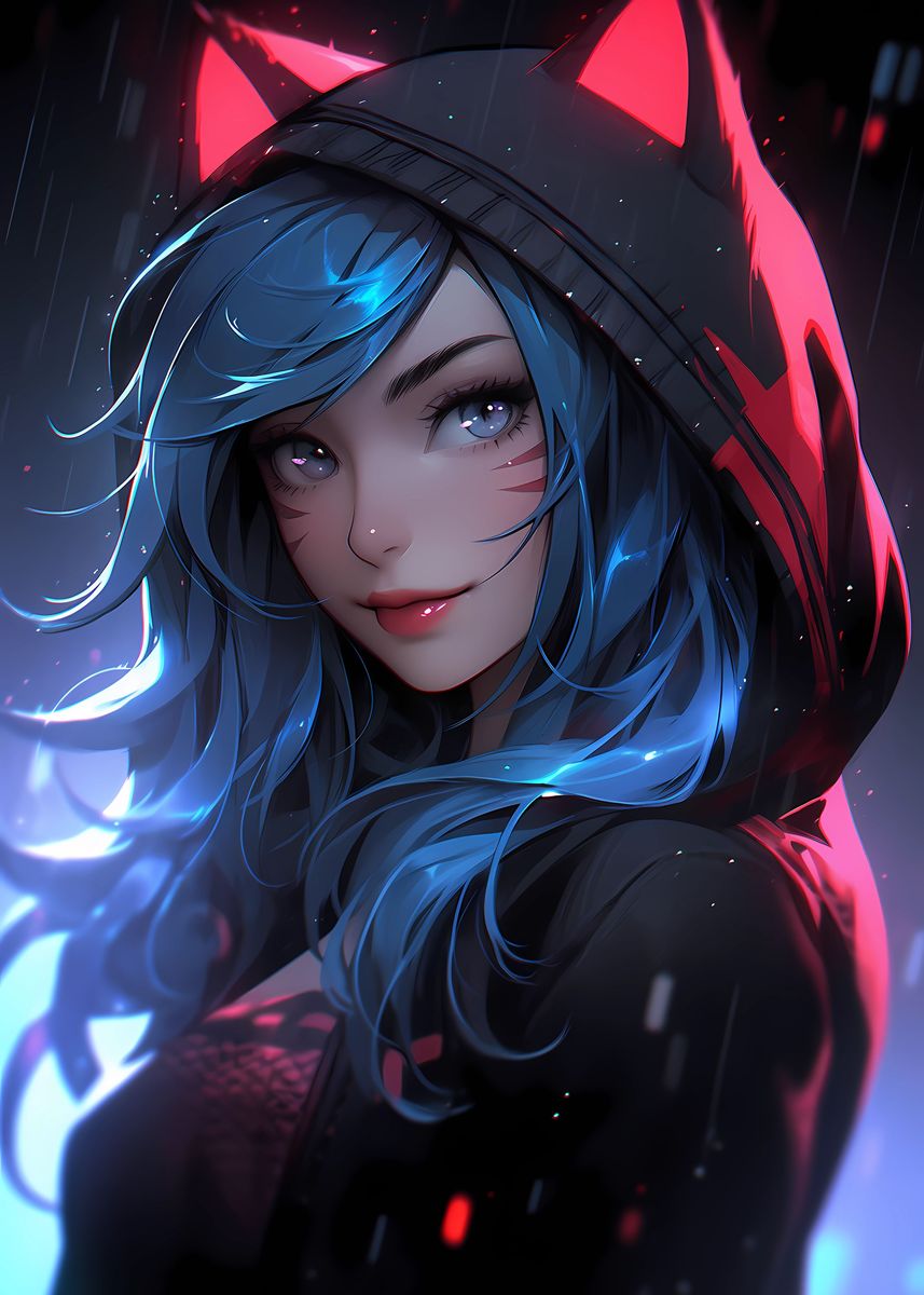 'Cat Girl Blue Neon Anime' Poster, picture, metal print, paint by ...