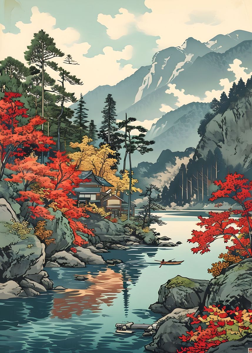 'Japanese Lake' Poster, picture, metal print, paint by MajopArt | Displate