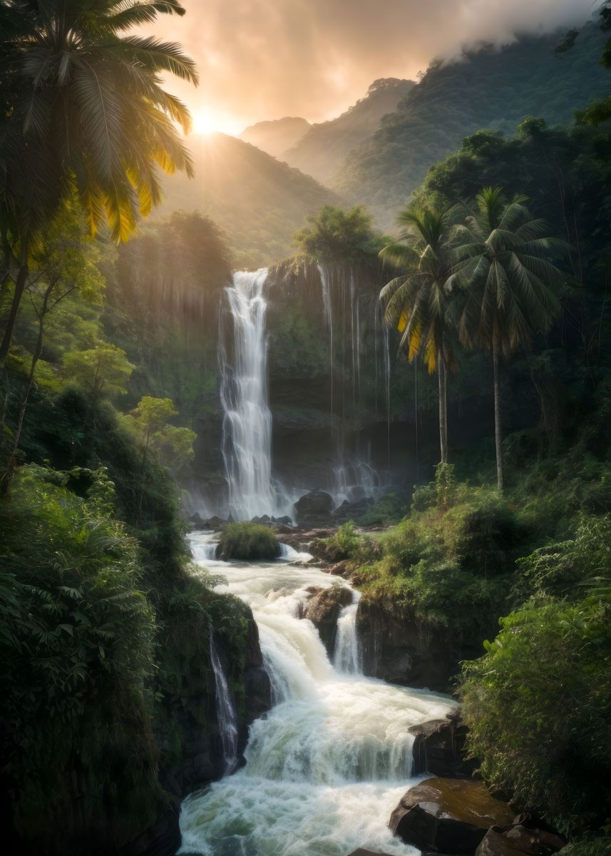 'Waterfall in Forest Nature' Poster, picture, metal print, paint by ...