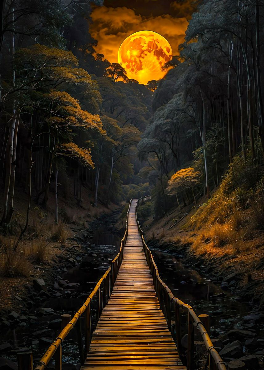 'A wooden bridge with moon' Poster, picture, metal print, paint by Karx ...