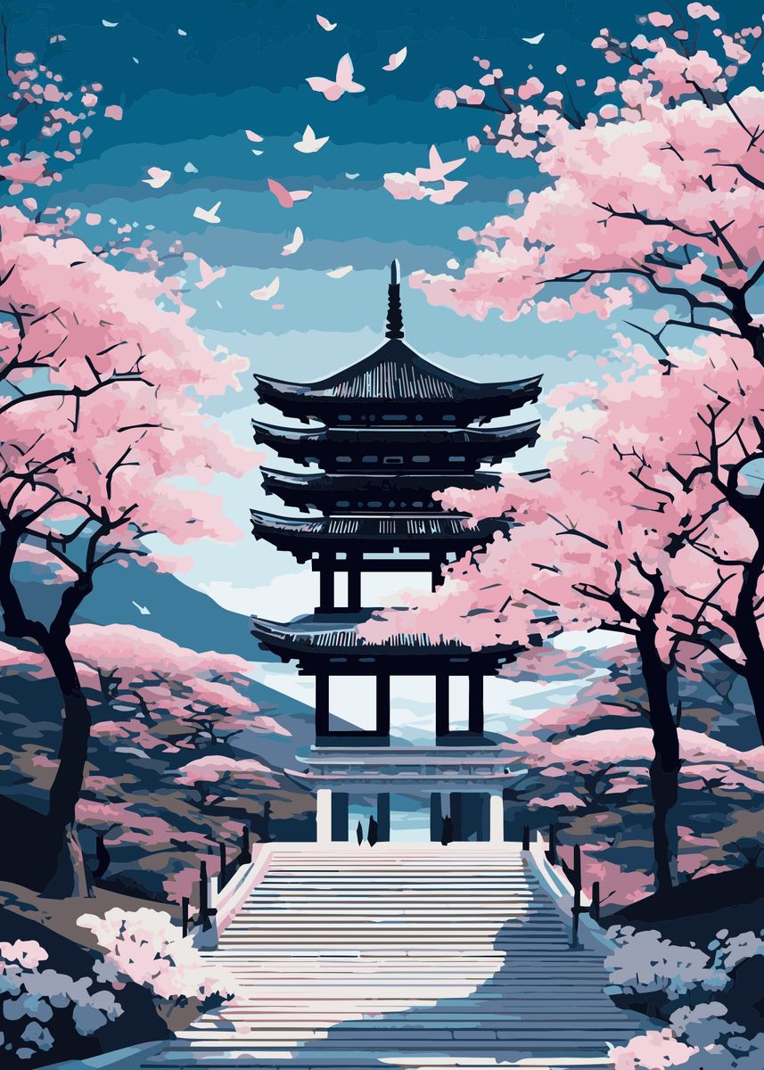 'Japan Cherry Landscape 8' Poster, picture, metal print, paint by Maricris M | Displate