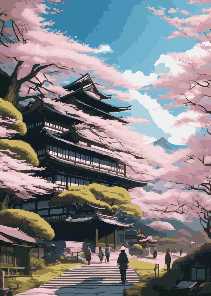 'Japan Cherry Landscape 1' Poster, picture, metal print, paint by Maricris M | Displate